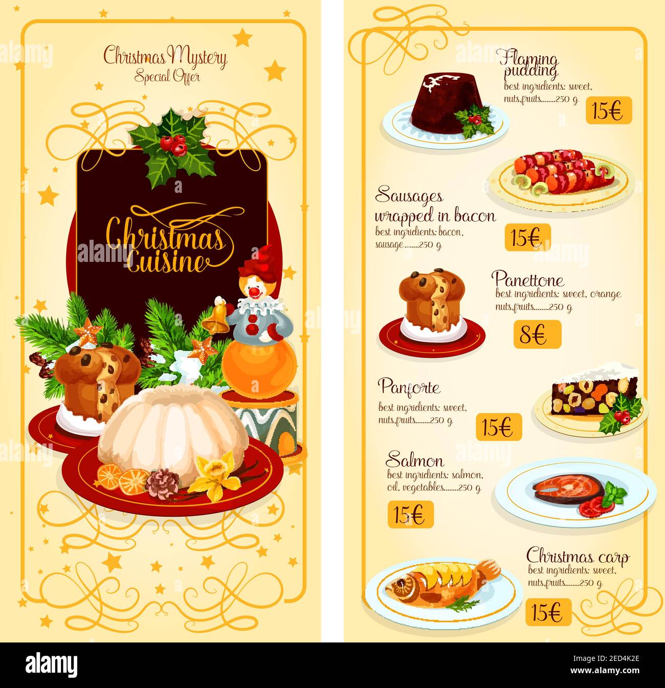 Christmas restaurant menu template of pastry and main dishes with ...