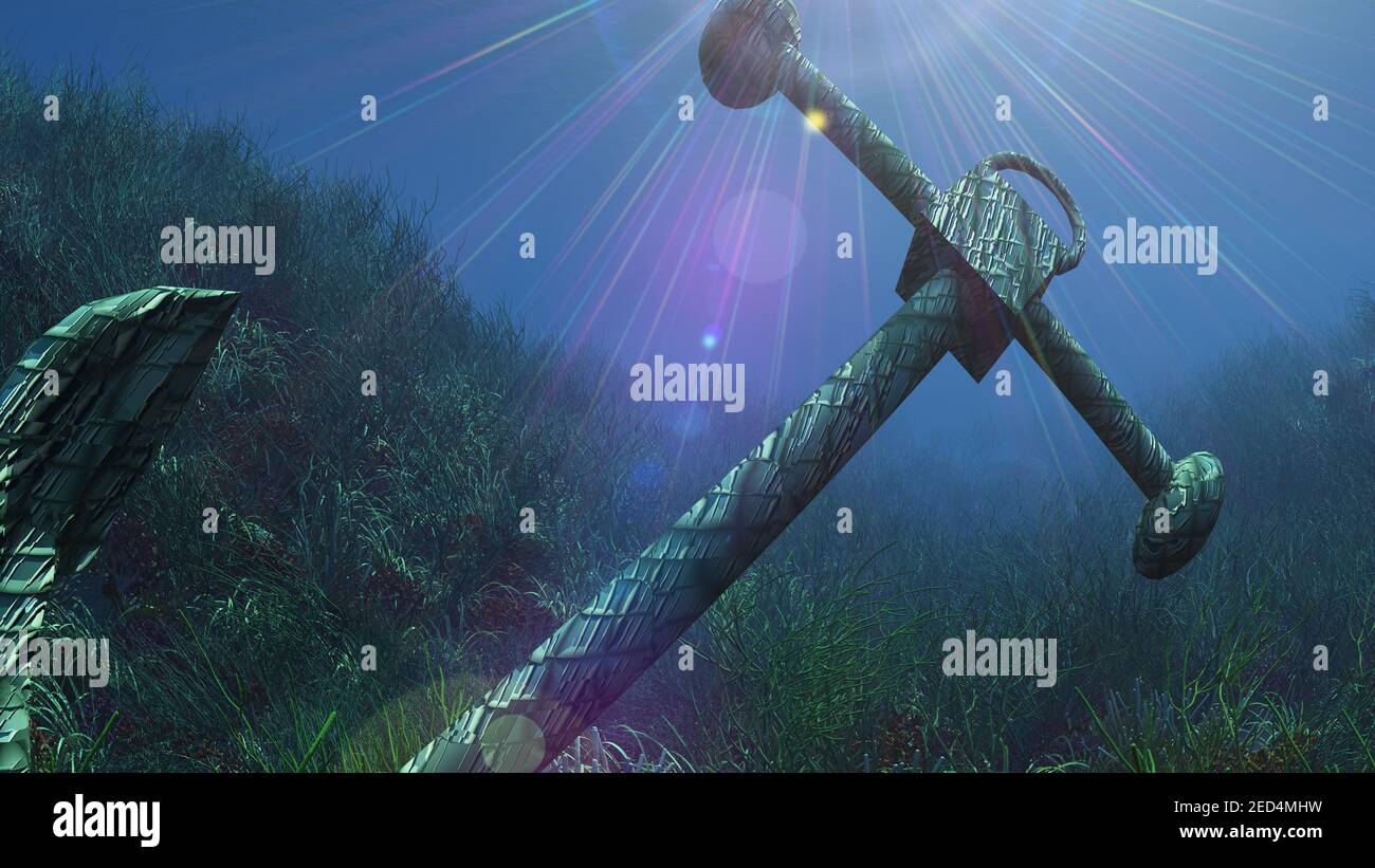 anchor under water sun ray illustration 3d rendering Stock Photo - Alamy