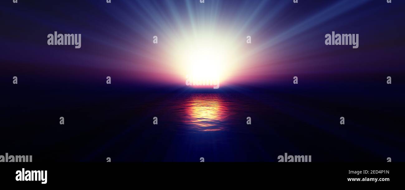 sunset sea sun ray clear sky, 3d rendering illustration Stock Photo - Alamy