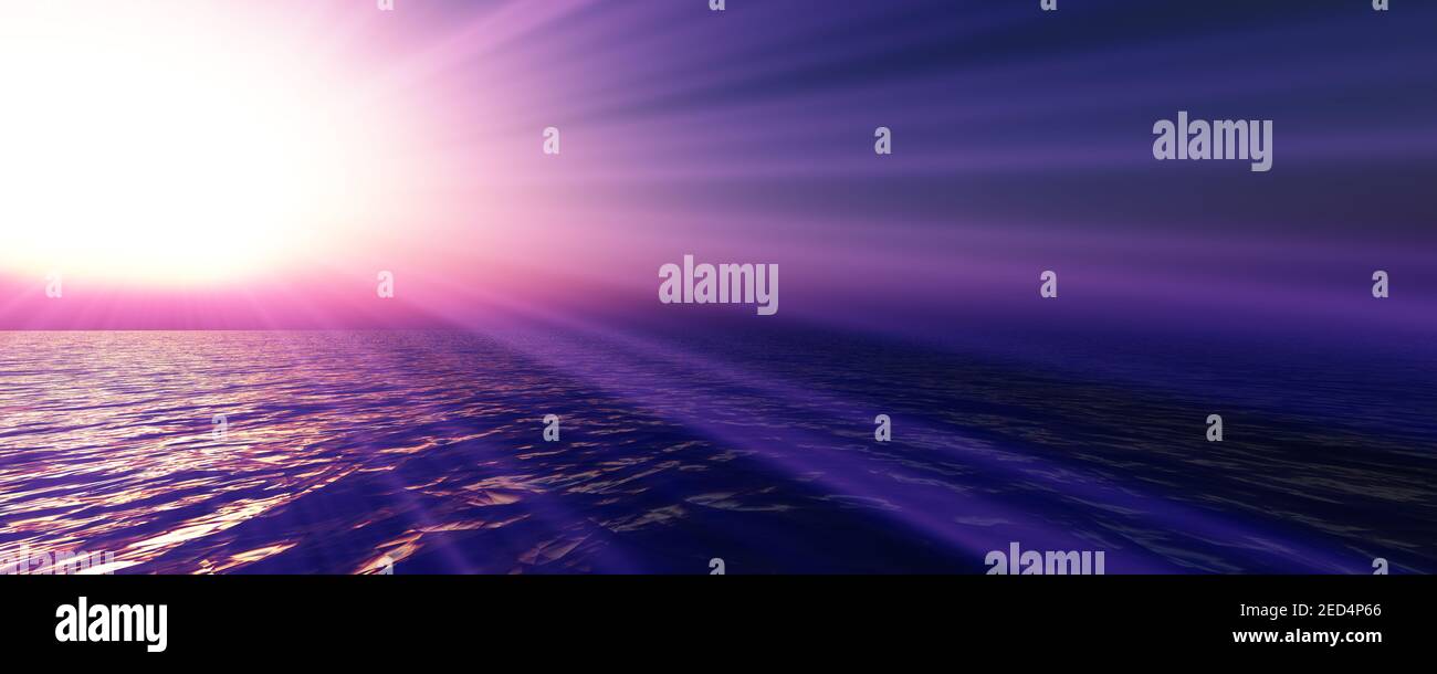 sunset sea sun ray clear sky, 3d rendering illustration Stock Photo - Alamy
