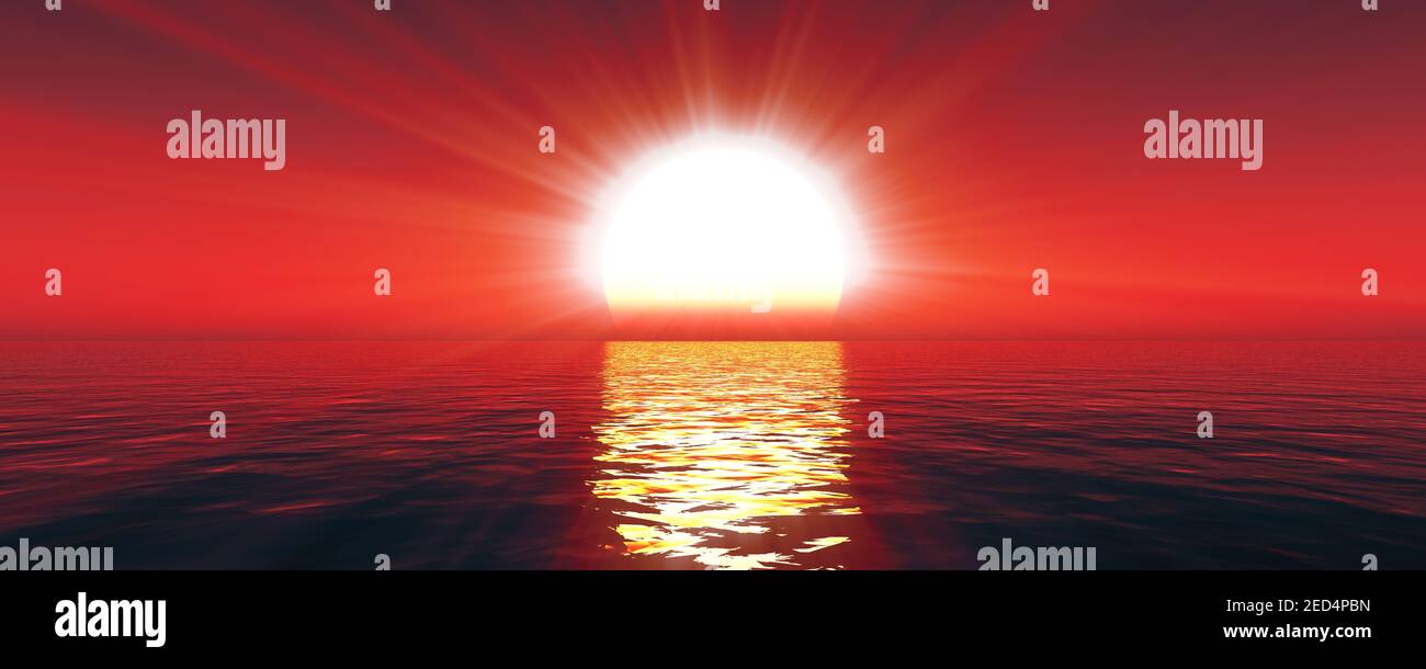 sunset sea sun ray clear sky, 3d rendering illustration Stock Photo - Alamy
