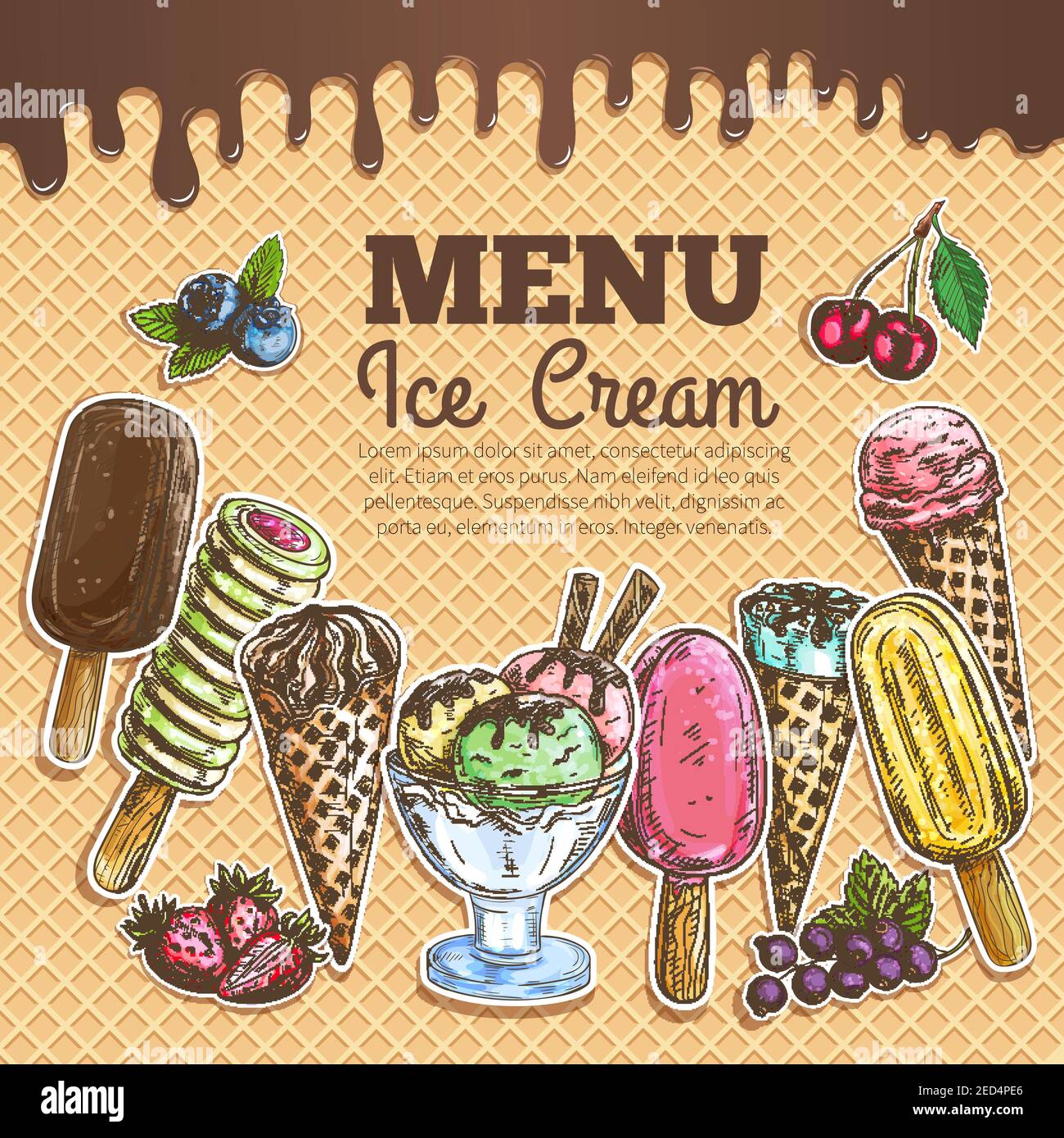 Ice cream menu poster. Wafer sketch texture background. Ice cream ...