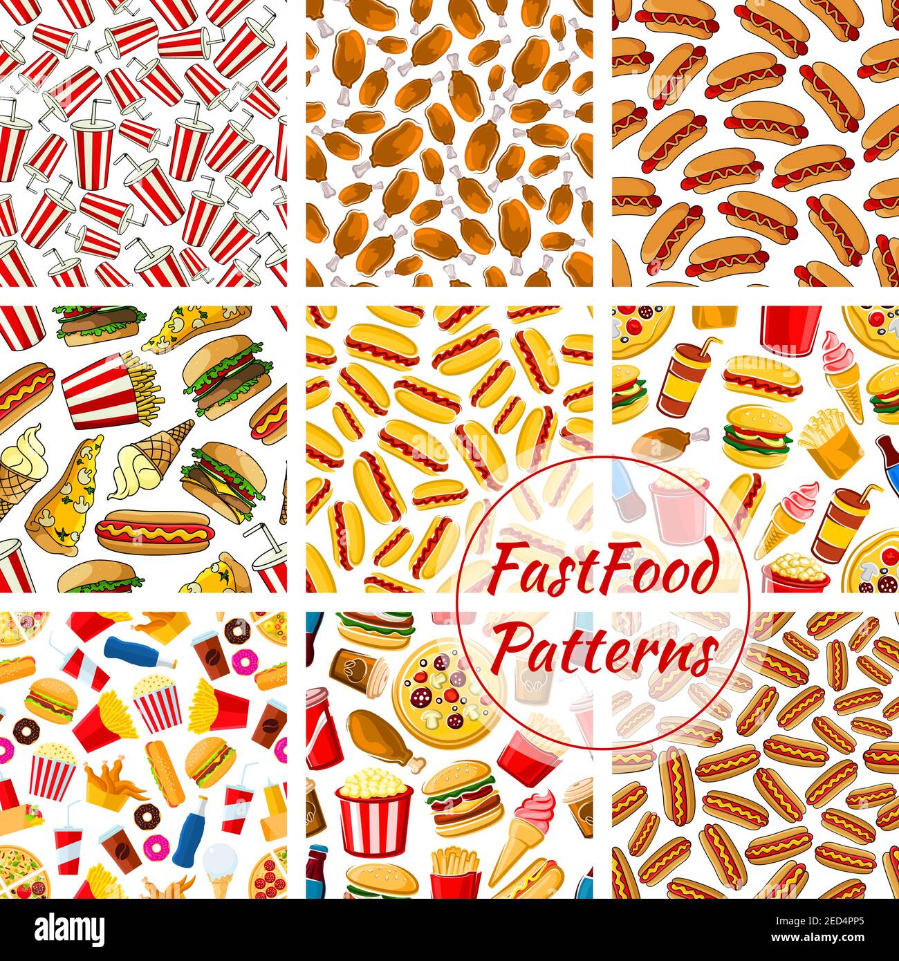Fast food patterns set. Vector seamless background of fast food pizza slice, grilled chicken leg ...