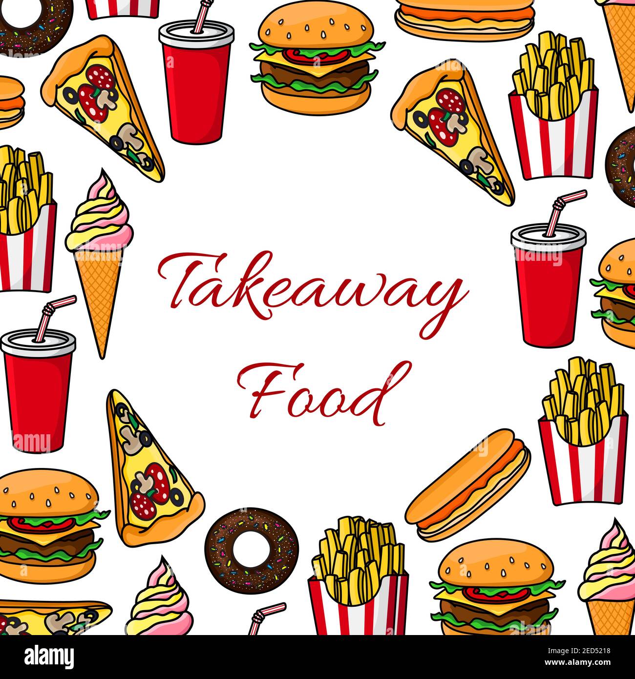 Fast food poster. Vector takeaway fast food snacks and desserts, drinks ...