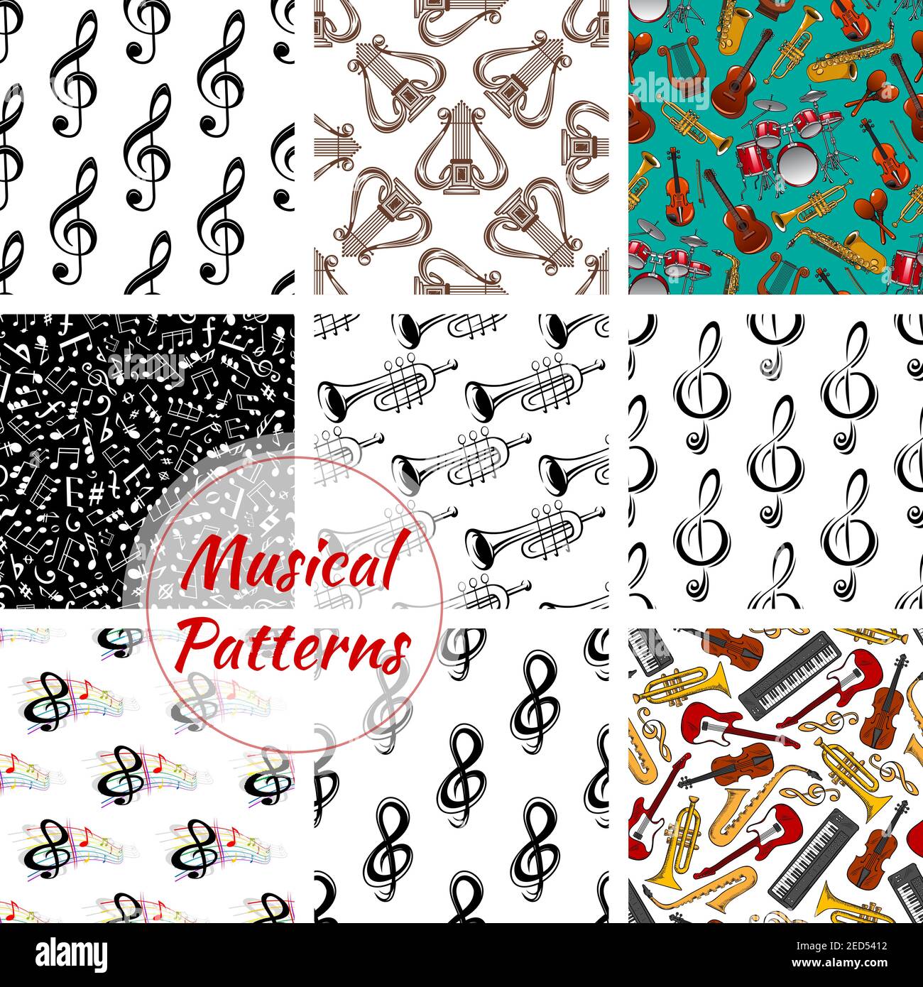 Musical notes and instruments patterns set. Vector seamless background ...