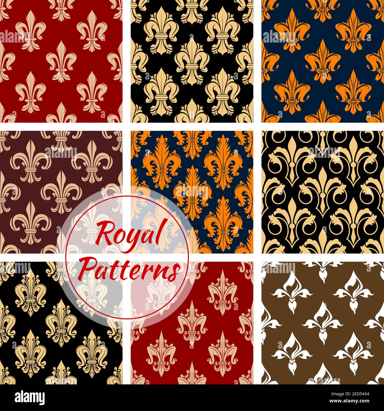 Royal patterns set of heraldic fleur-de-lis lily. Flowery ornate seamless background. Vector ...