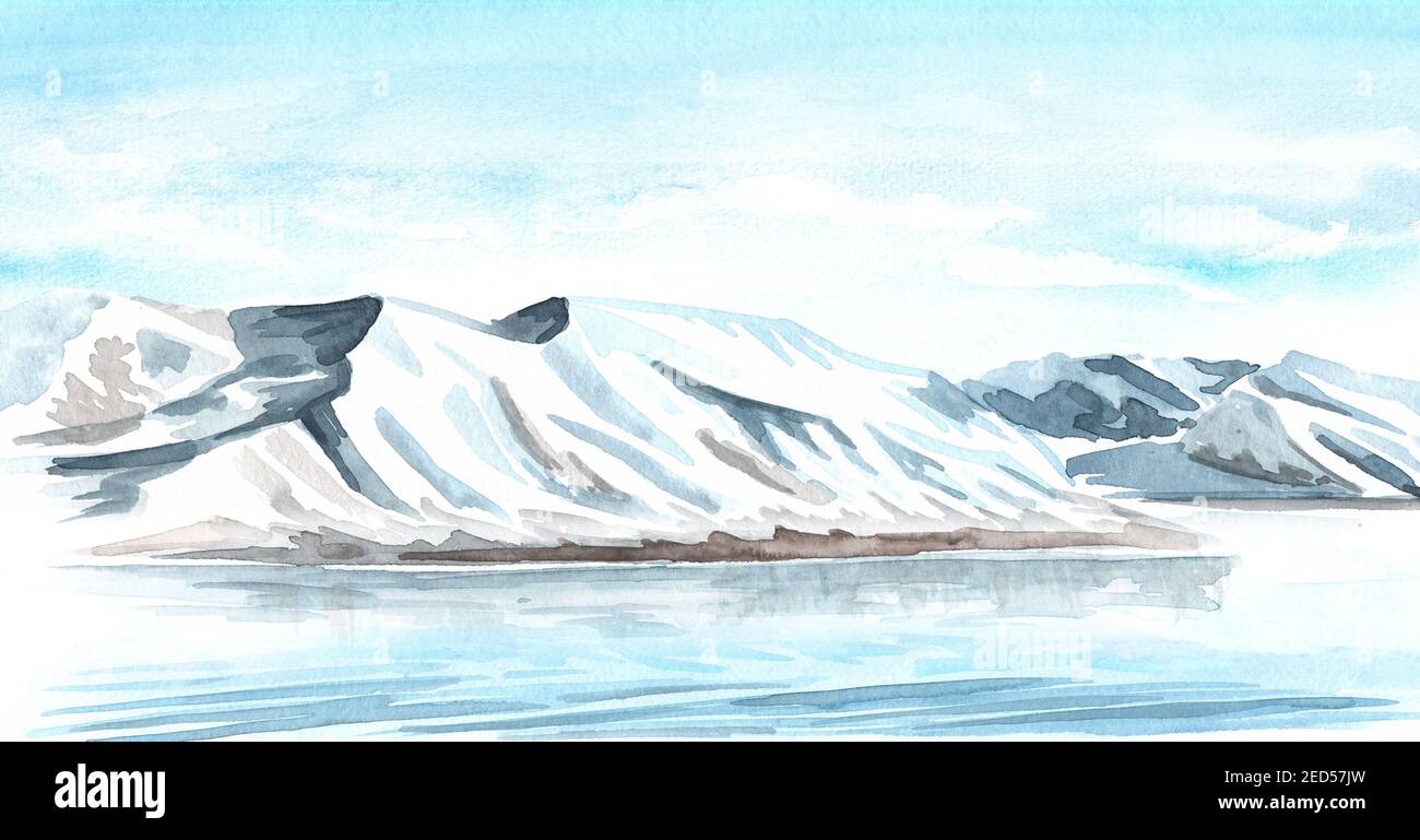 Arctic landscape with glacier. Backgrounds with copy space. Hand-drawn ...