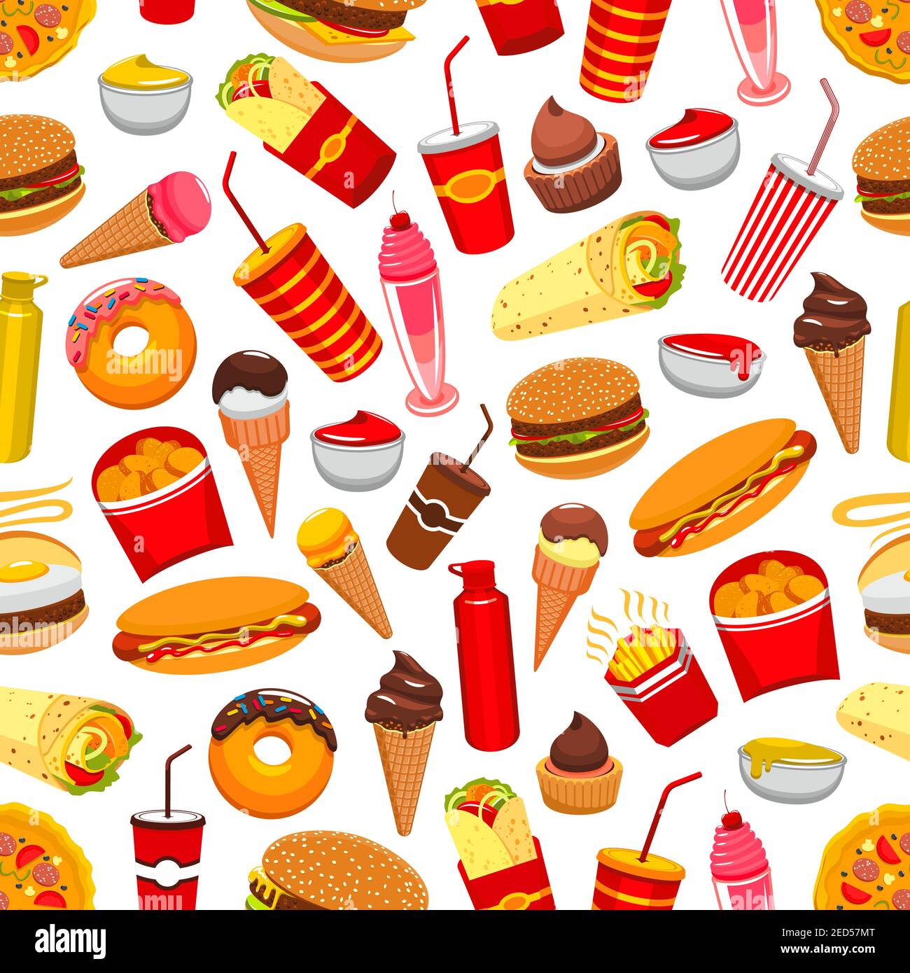 Fast food background. Seamless pattern with vector flat icons of ...