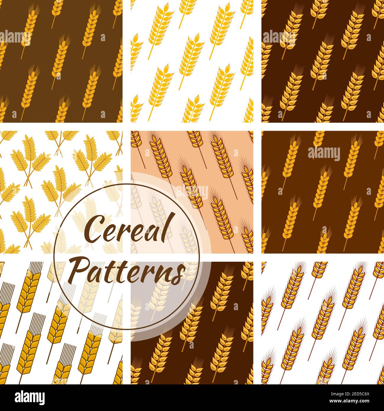 Wheat and rye ears patterns of oat cereal, millet grain, malt grain ...
