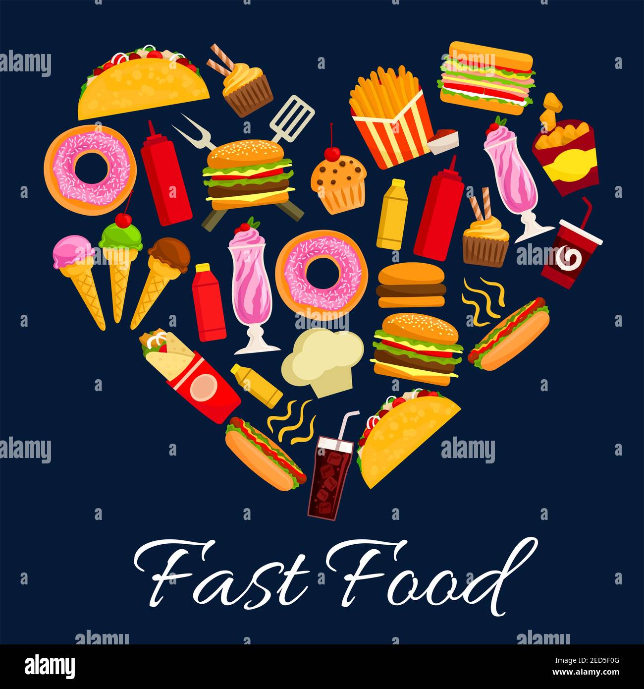 Fast food heart symbol of vector flat icons of cheeseburger, pizza and ...