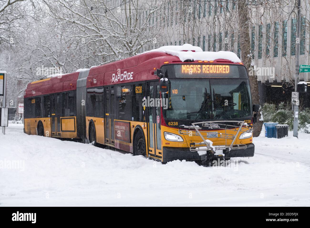 Seattle, USA. 13th Feb, 2021. Mid-day stranded buses at the Seattle ...