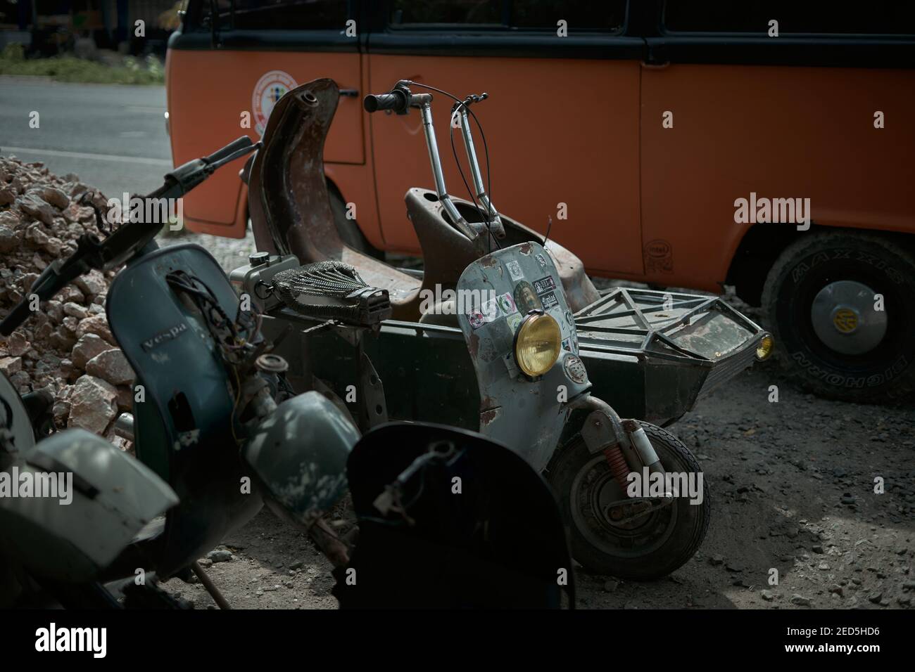 abandoned and broken Vintage Vespa in the workshop backyard Stock Photo ...