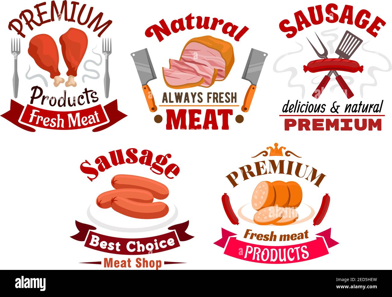 Butchery and meat food vector isolated emblems or signs set with fresh ...
