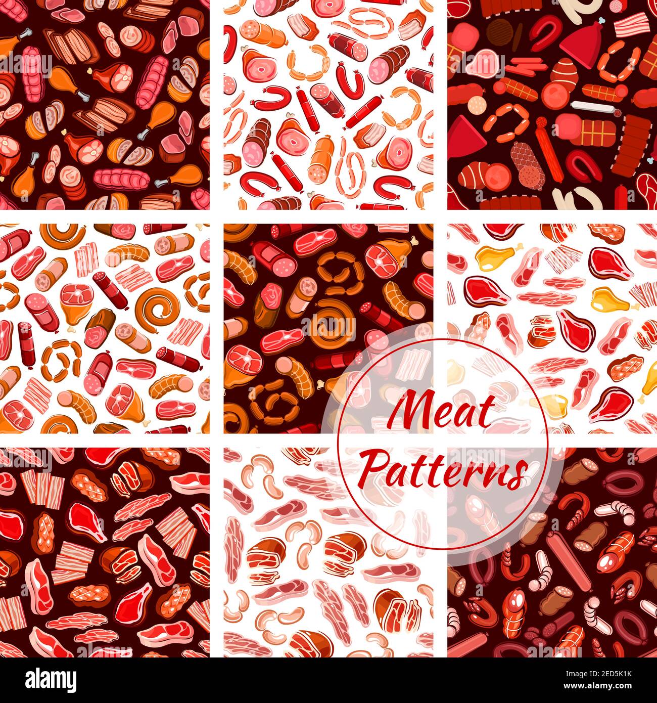 Meat Patterns Set Vector Seamless Background Of Fresh Butcher Shop