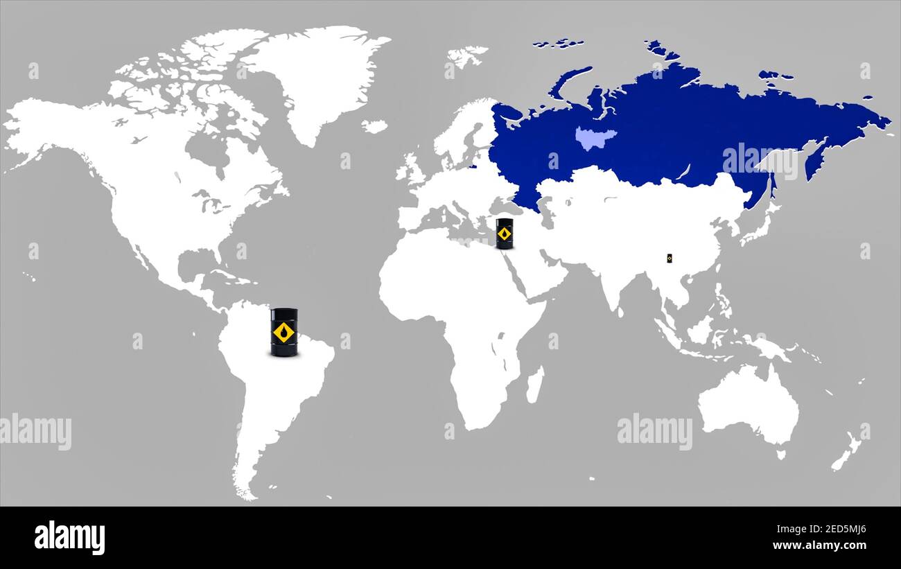 Map of the world and Russia, illustration map of Russia. Oil barrels ...
