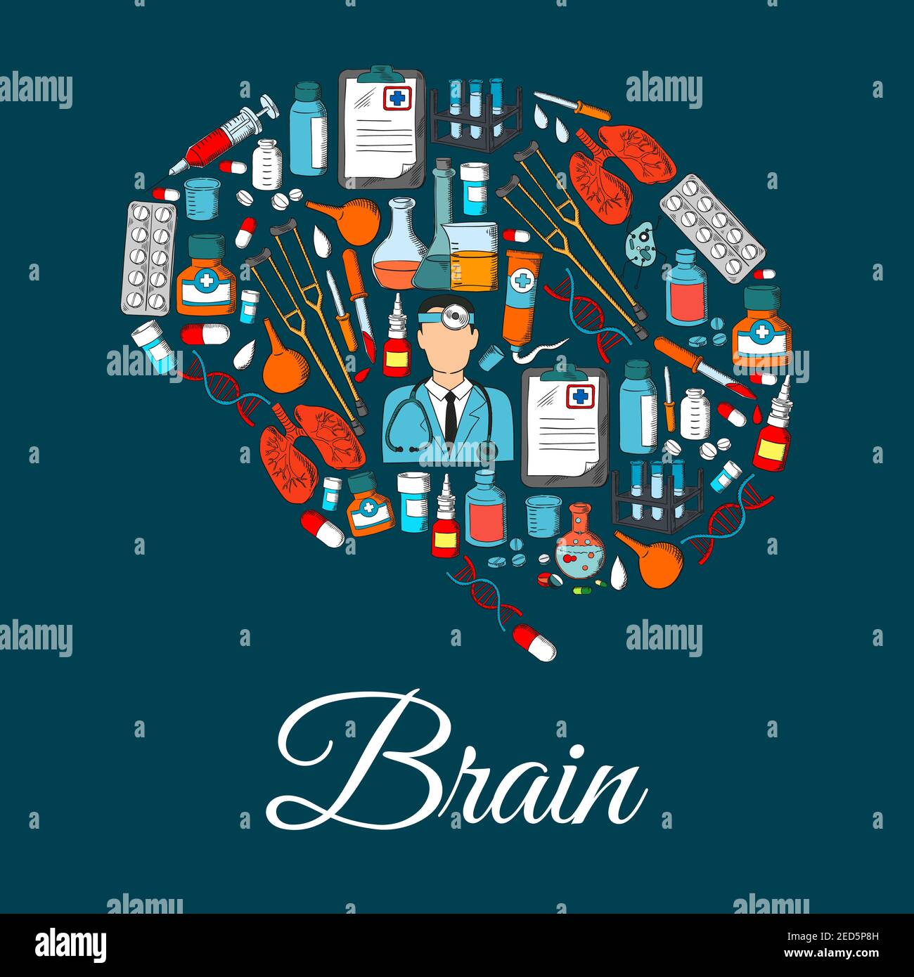 Medicine items in shape of brain. Vector poster of medical tools ...