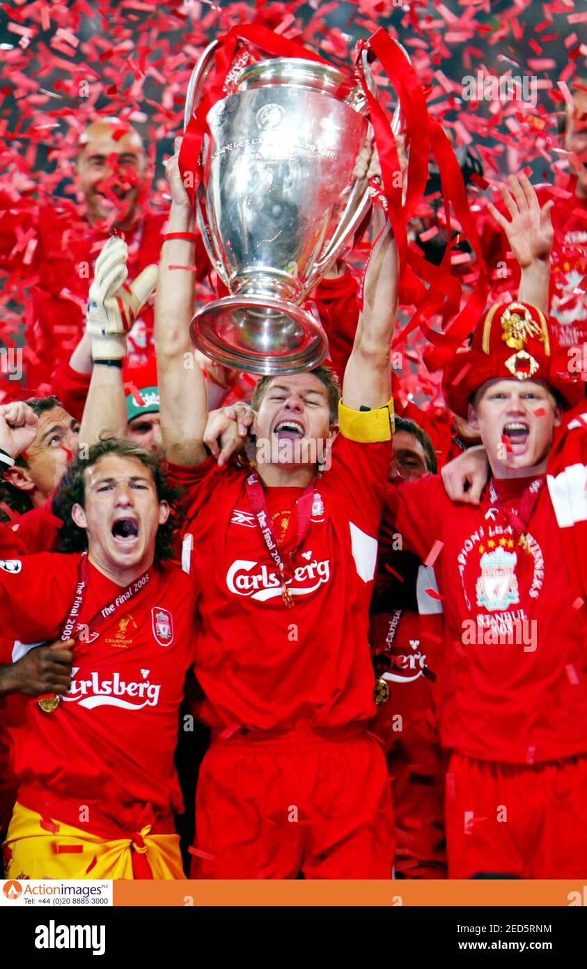 Liverpools steven gerrard lifts the uefa champions league trophy hi-res ...