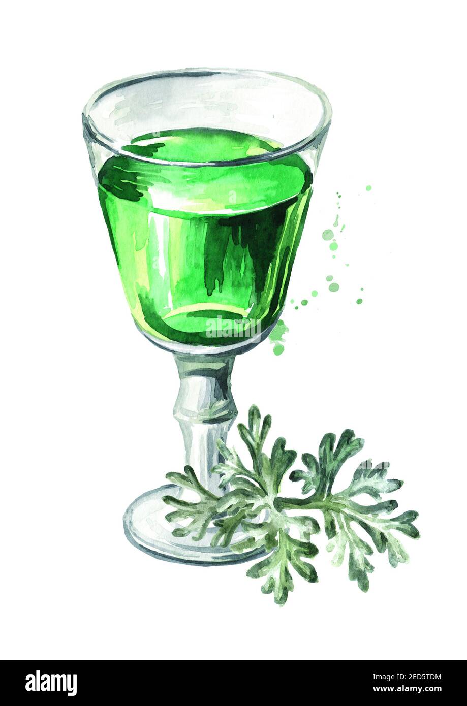Alcoholic drink Absinthe in the glass shots and wormwood leaf. Wormwood ...