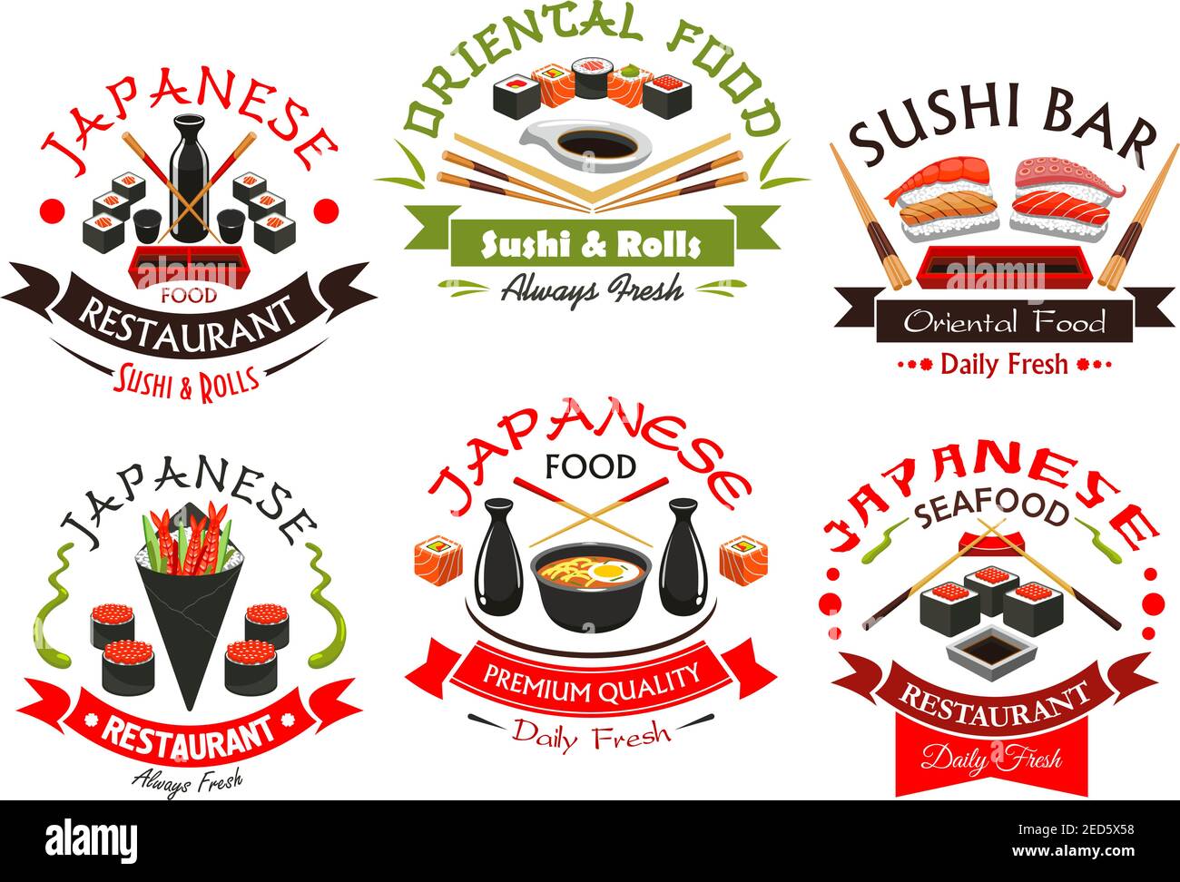 Japanese seafood emblems. Oriental cuisine vector signs with sushi ...