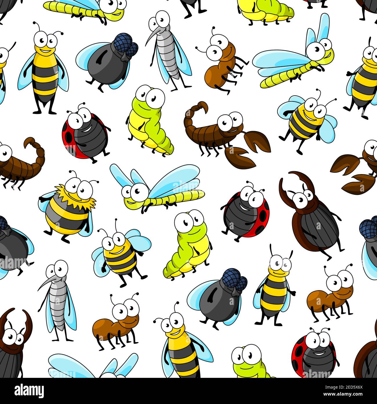 Cartoon insects and bugs seamless pattern on white background with bee ...