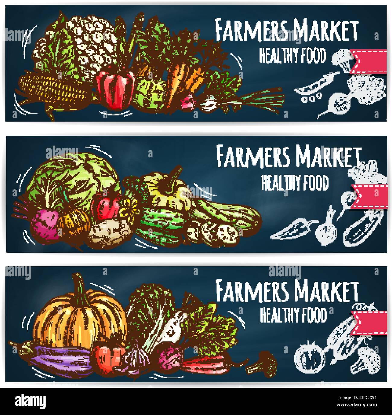 Vegetables sketch on banners with Farmers Market harvest ripe. Vector ...