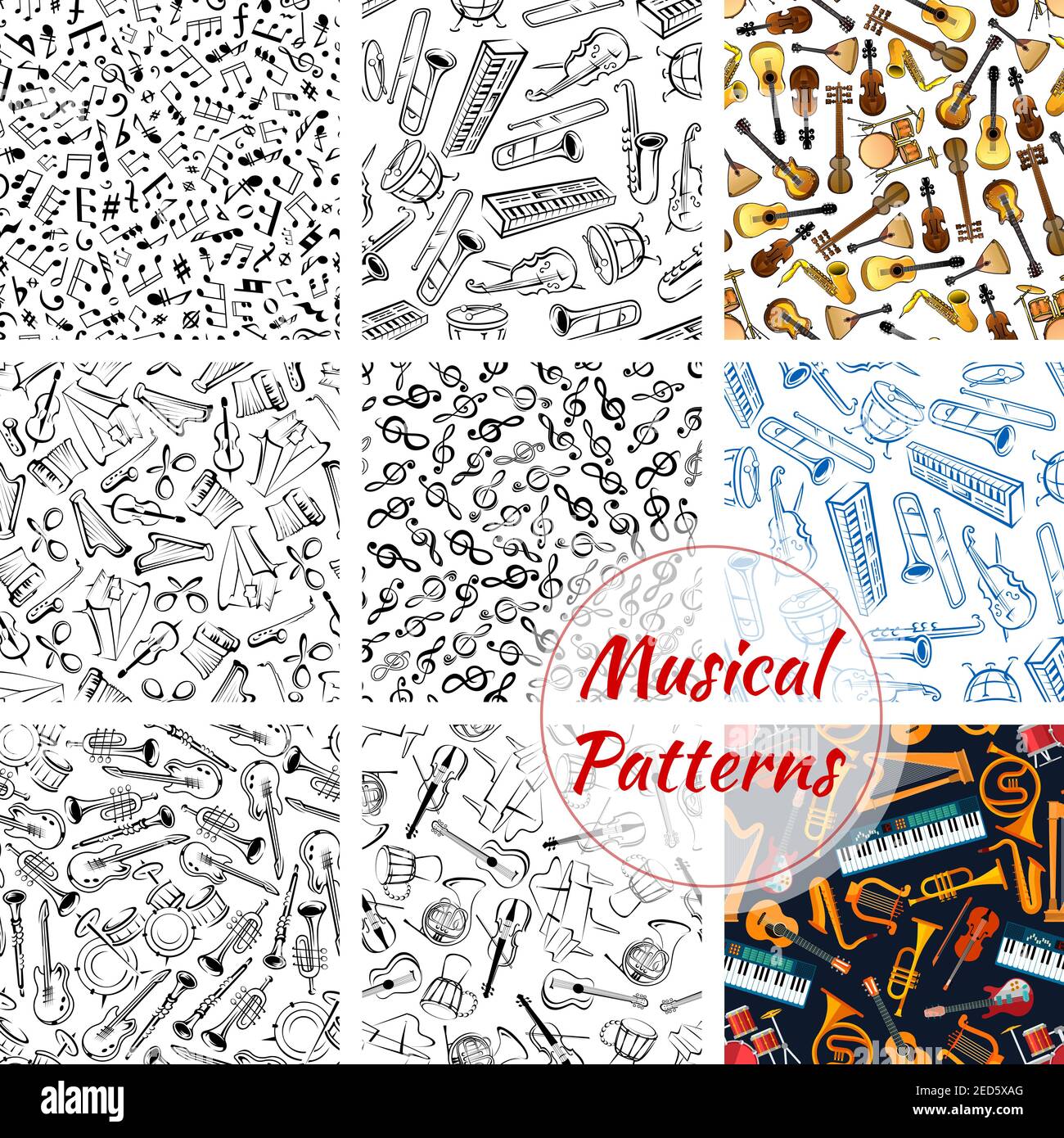 Musical instruments seamless patterns. Sketch clef music notes stave ...