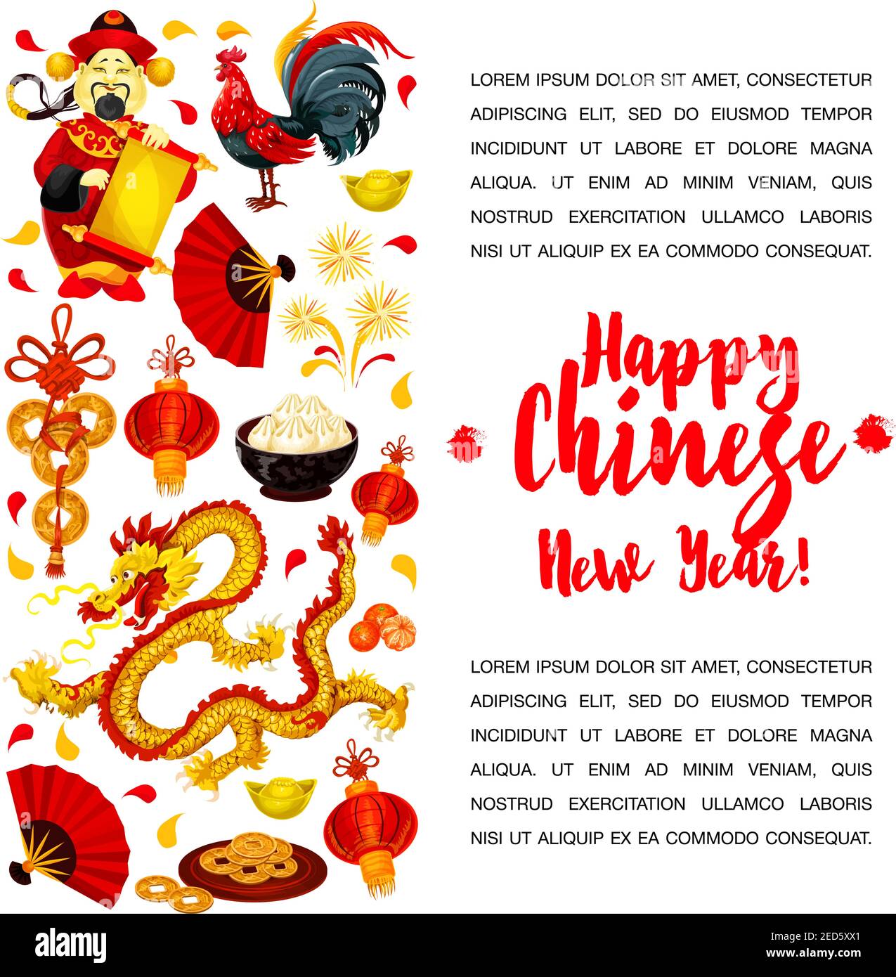 Chinese Lunar New Year symbols poster. Rooster, red paper lantern ...