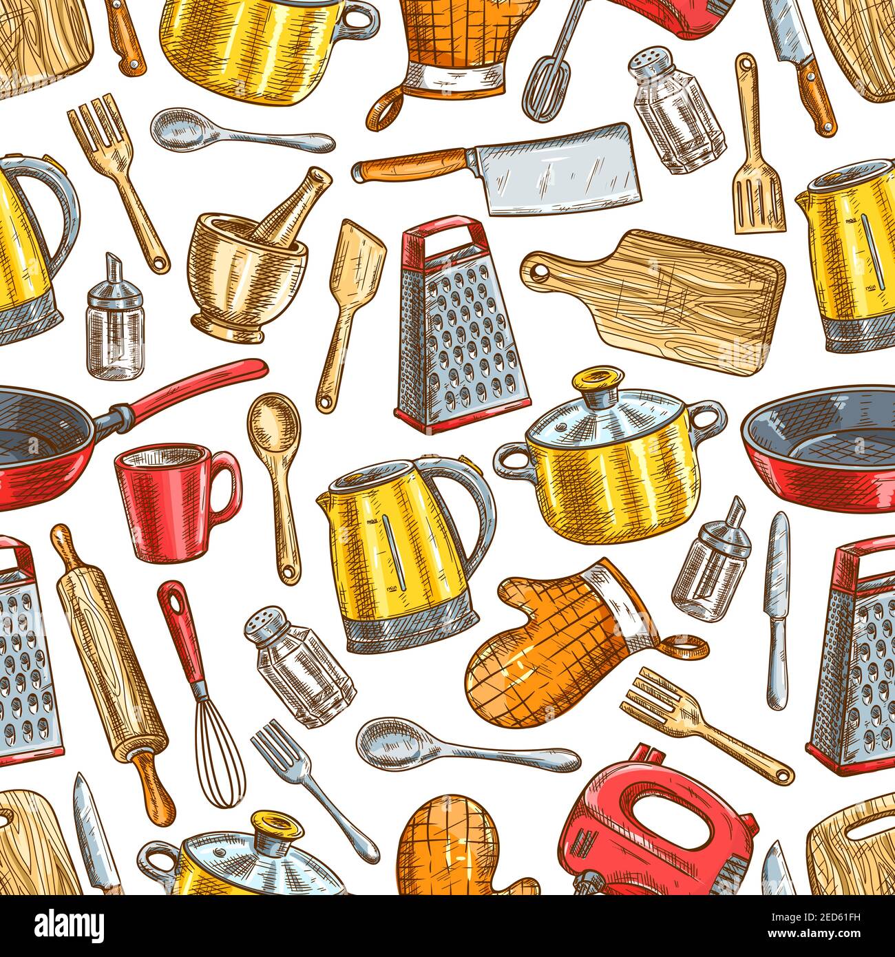 Kitchenware sketch pattern of dishware and cooking utensils electric ...