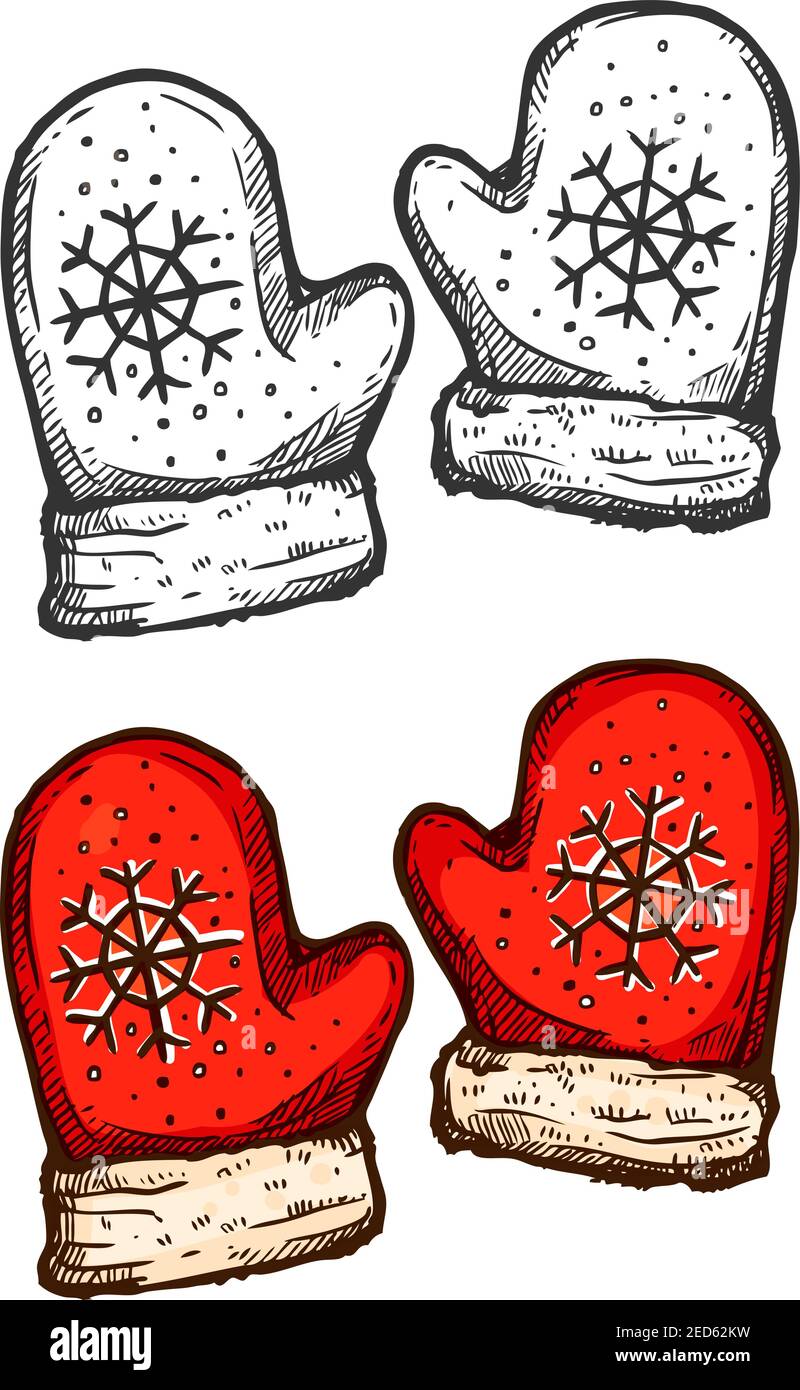 Christmas mittens with winter snowflake ornament embroidery and fur ...