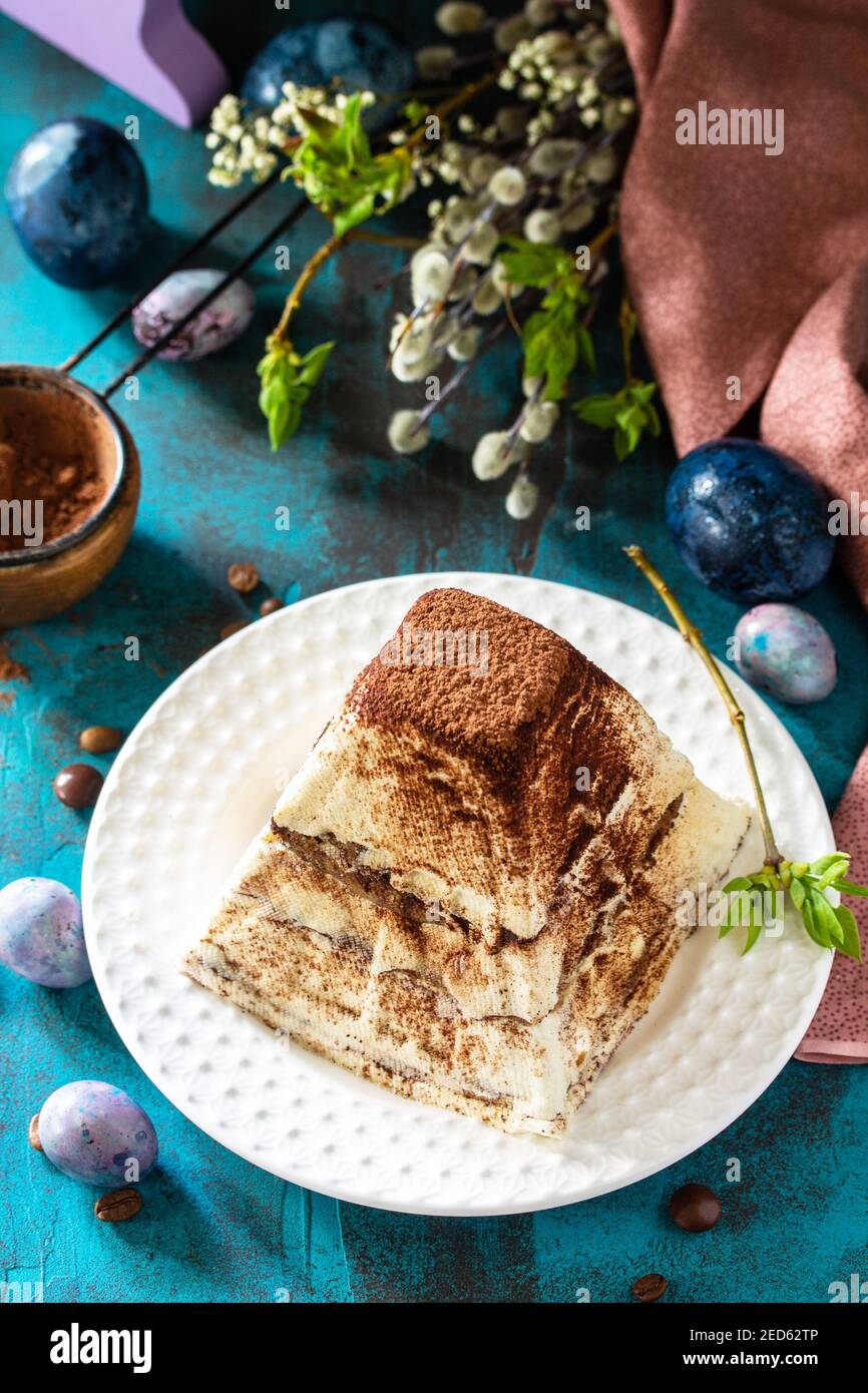Easter background. Dessert tiramisu Easter cottage cheese pascha on ...
