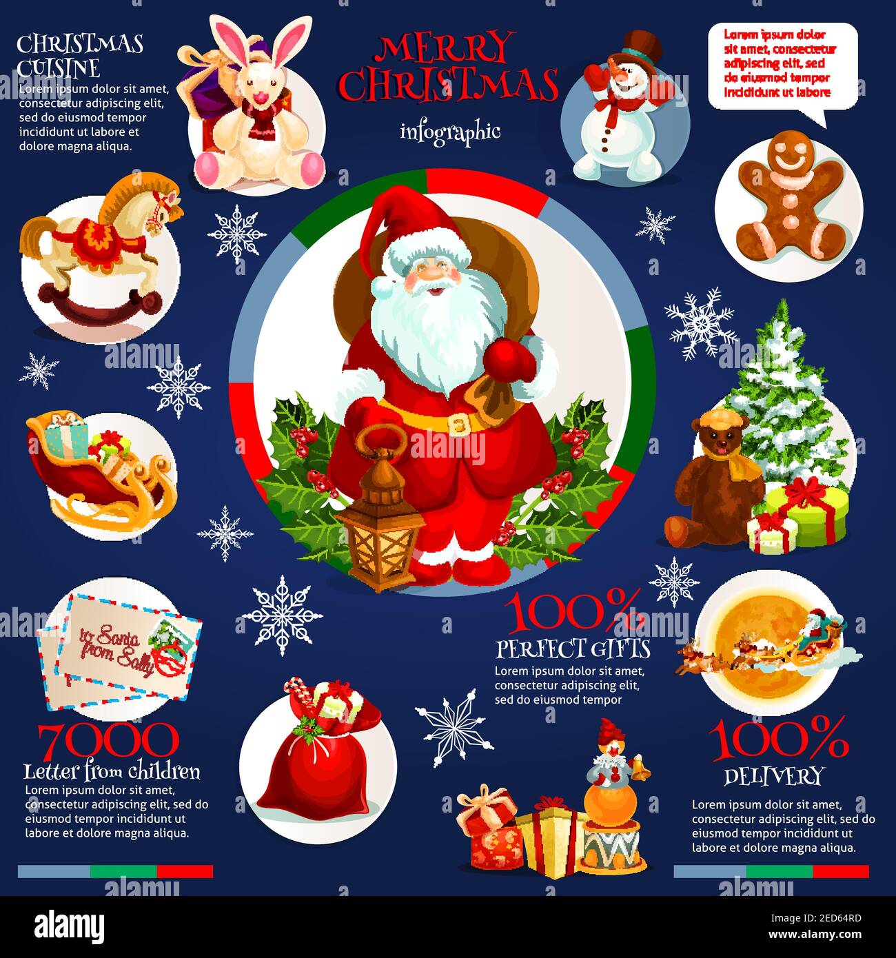 Christmas and winter holidays infographics. Santa Claus with gift bag ...