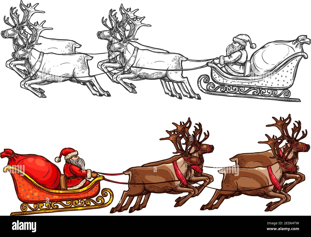 Christmas Santa riding on sleigh with reindeer and big gift back sack ...