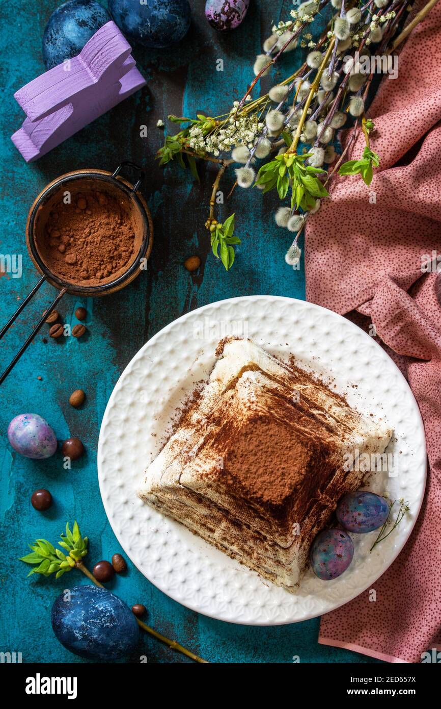 Easter background. Dessert tiramisu Easter cottage cheese pascha on ...