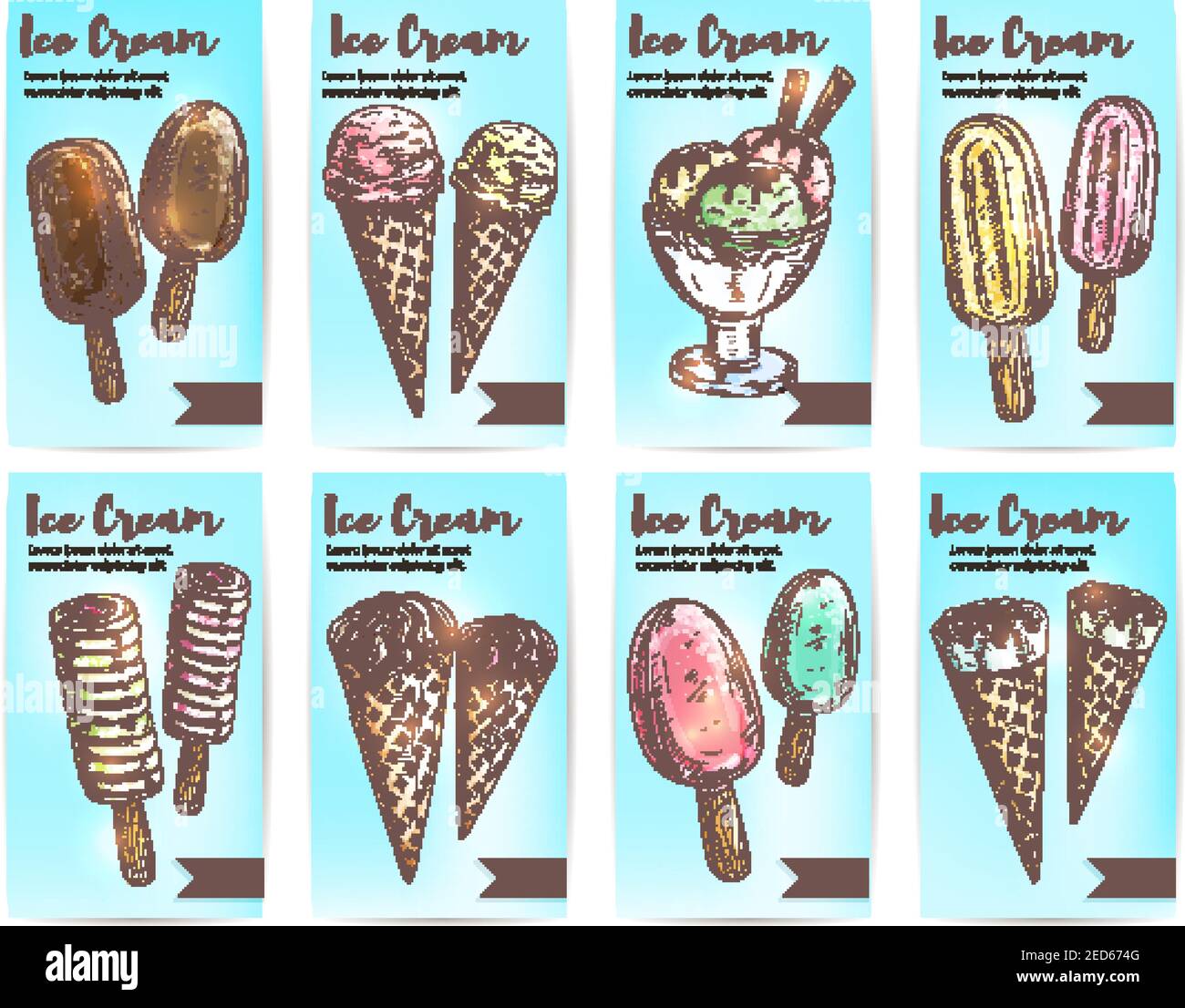 Ice Cream Menu Dessert Sketch Banners With Strawberry And Vanilla Ice
