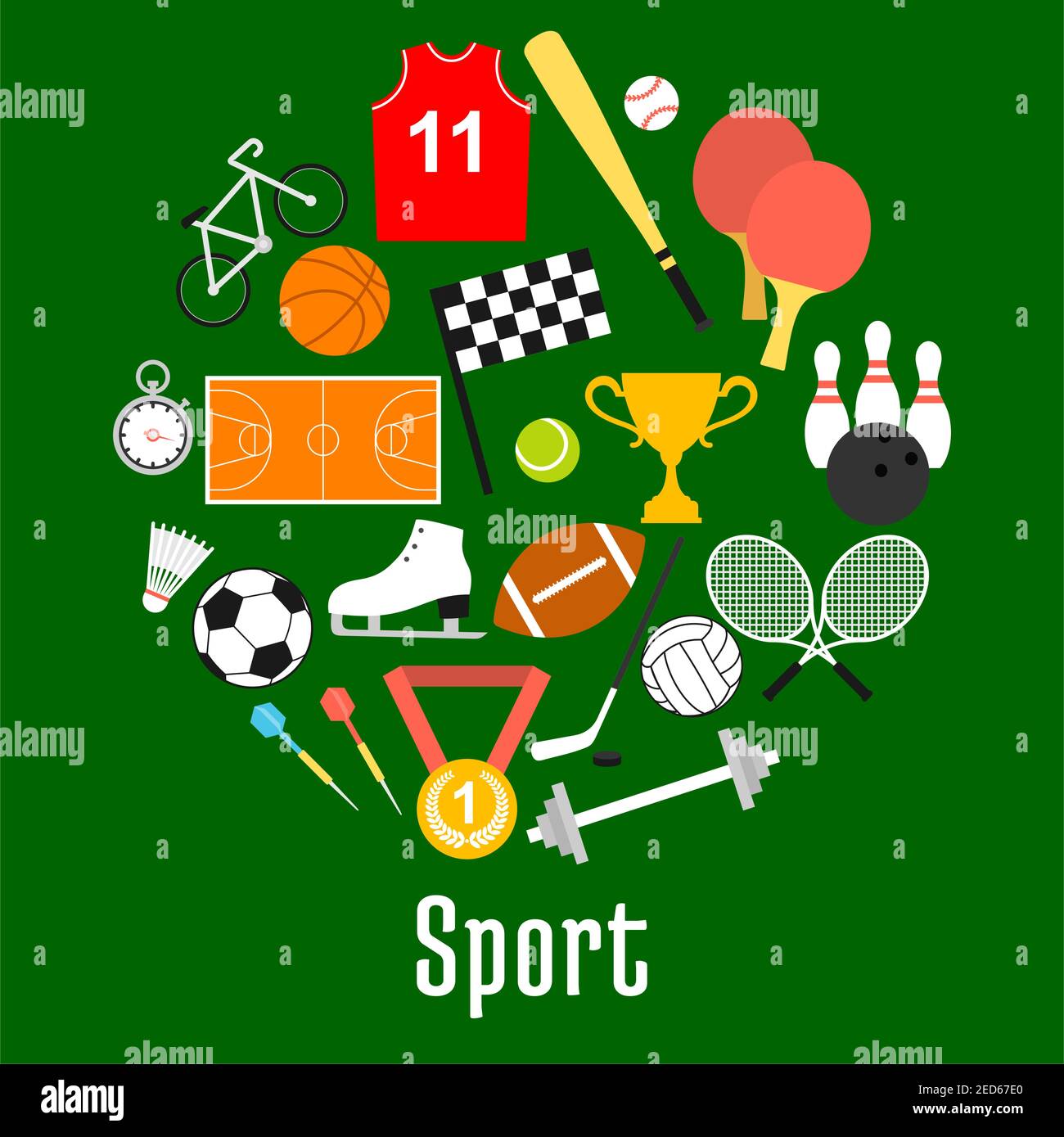 Sport symbols and sporting items in a shape of circle with balls for ...
