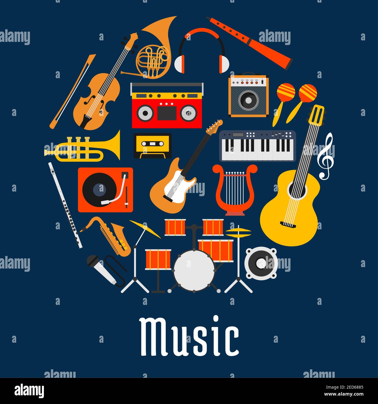 Music round symbol with guitar, drum set, saxophone, microphone and ...