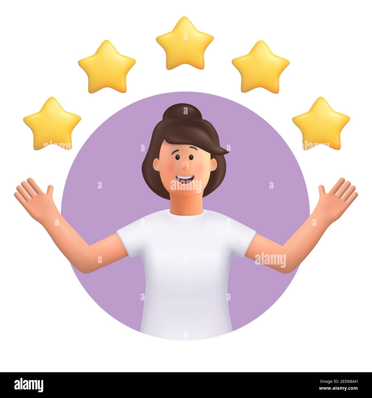 3D cartoon character. Young woman points to the stars, good review ...