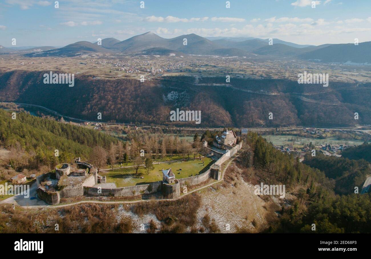 An aerial view of the Ostrozac Castle in Bosnia and Herzegovina; scenic ...