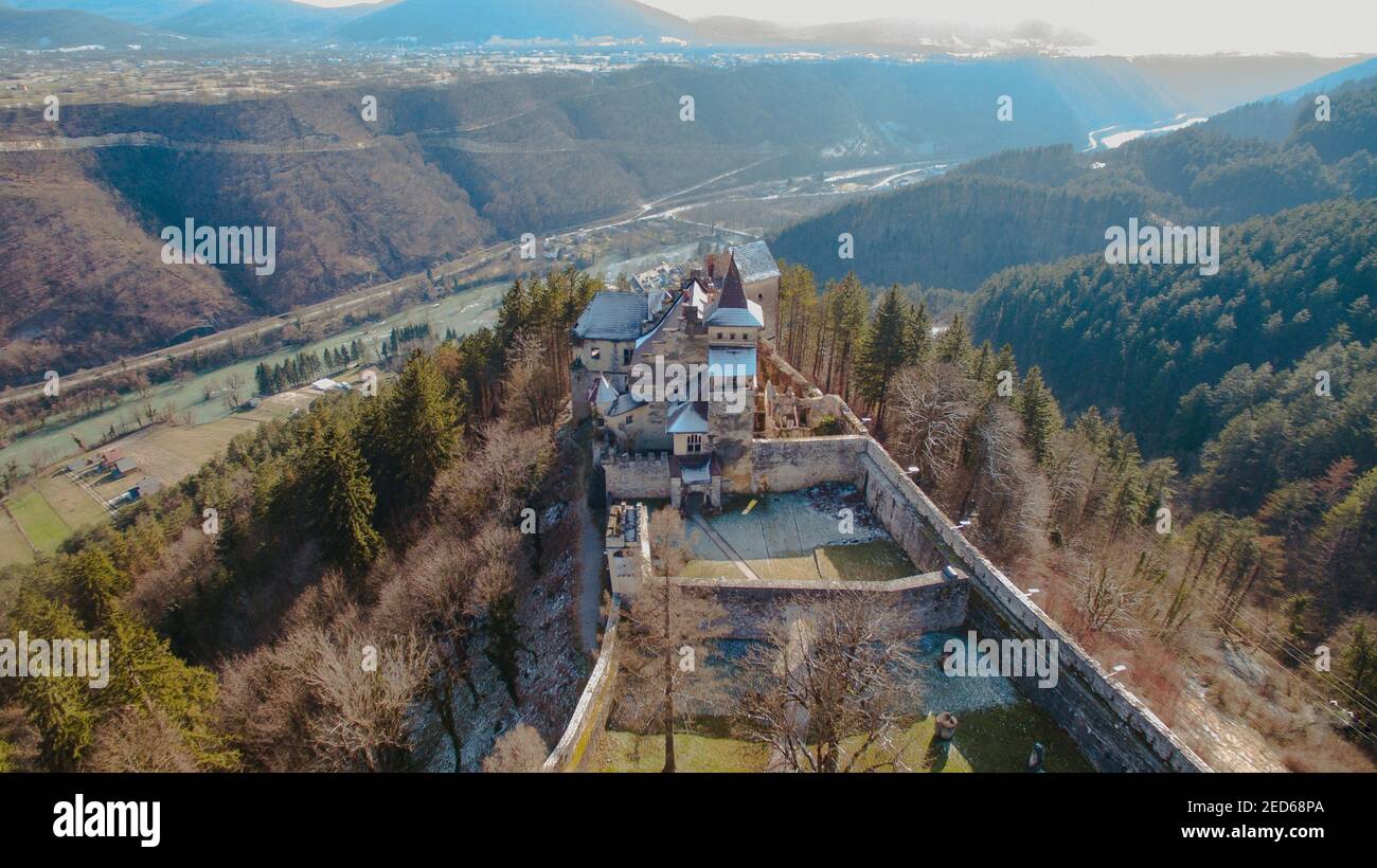 An aerial view of the Ostrozac Castle and surrounding scnature, Bosnia ...