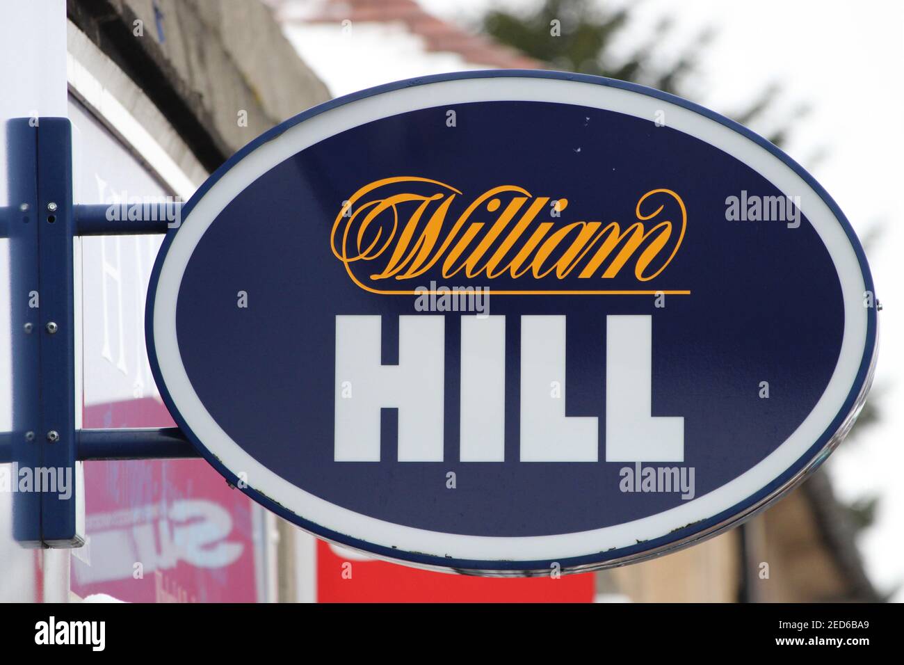 William Hill Logo on a Sign Outside a Branch of the Bookmaker Stock ...