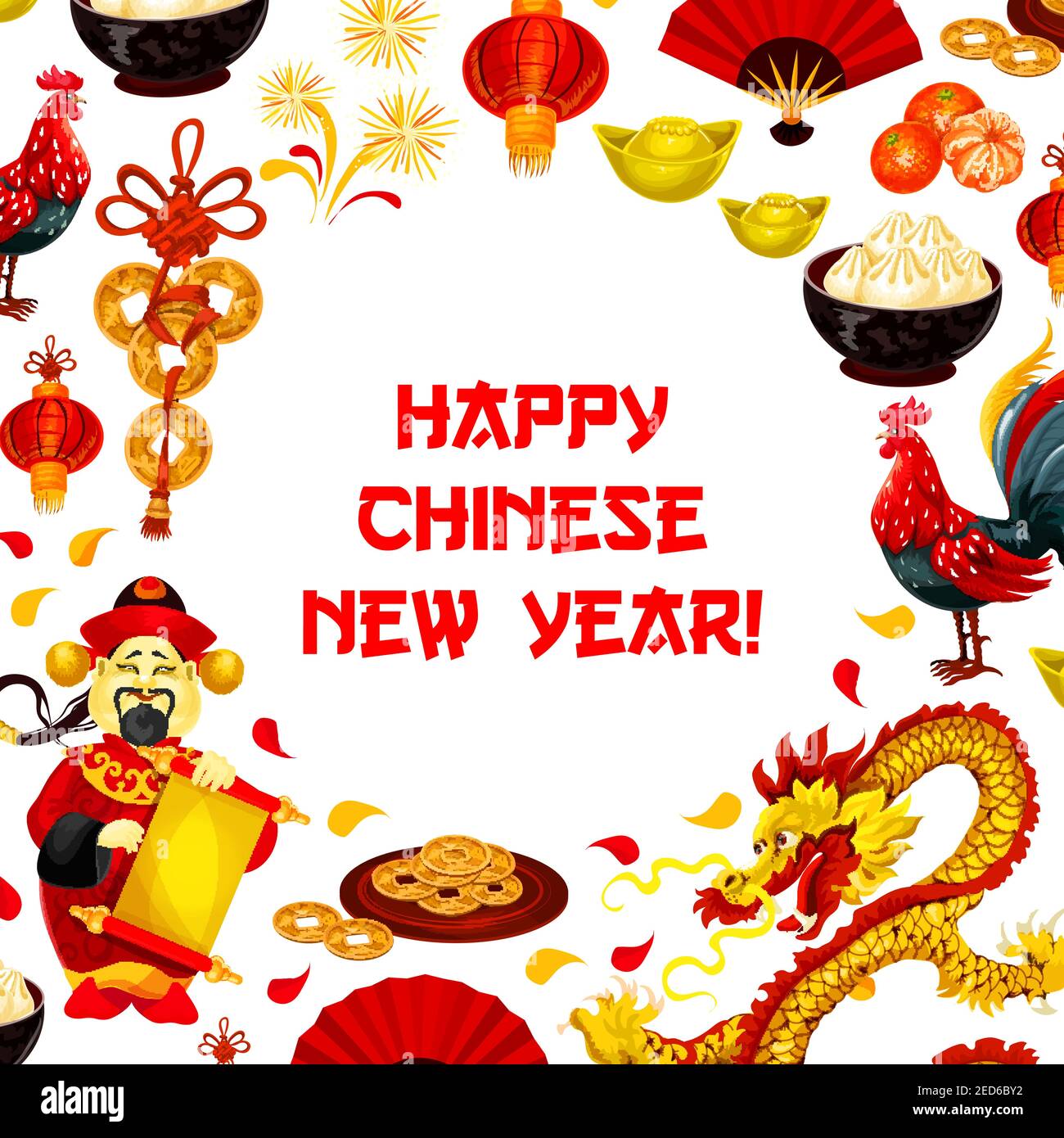 Chinese New Year round poster with zodiac rooster, red lantern, golden ...