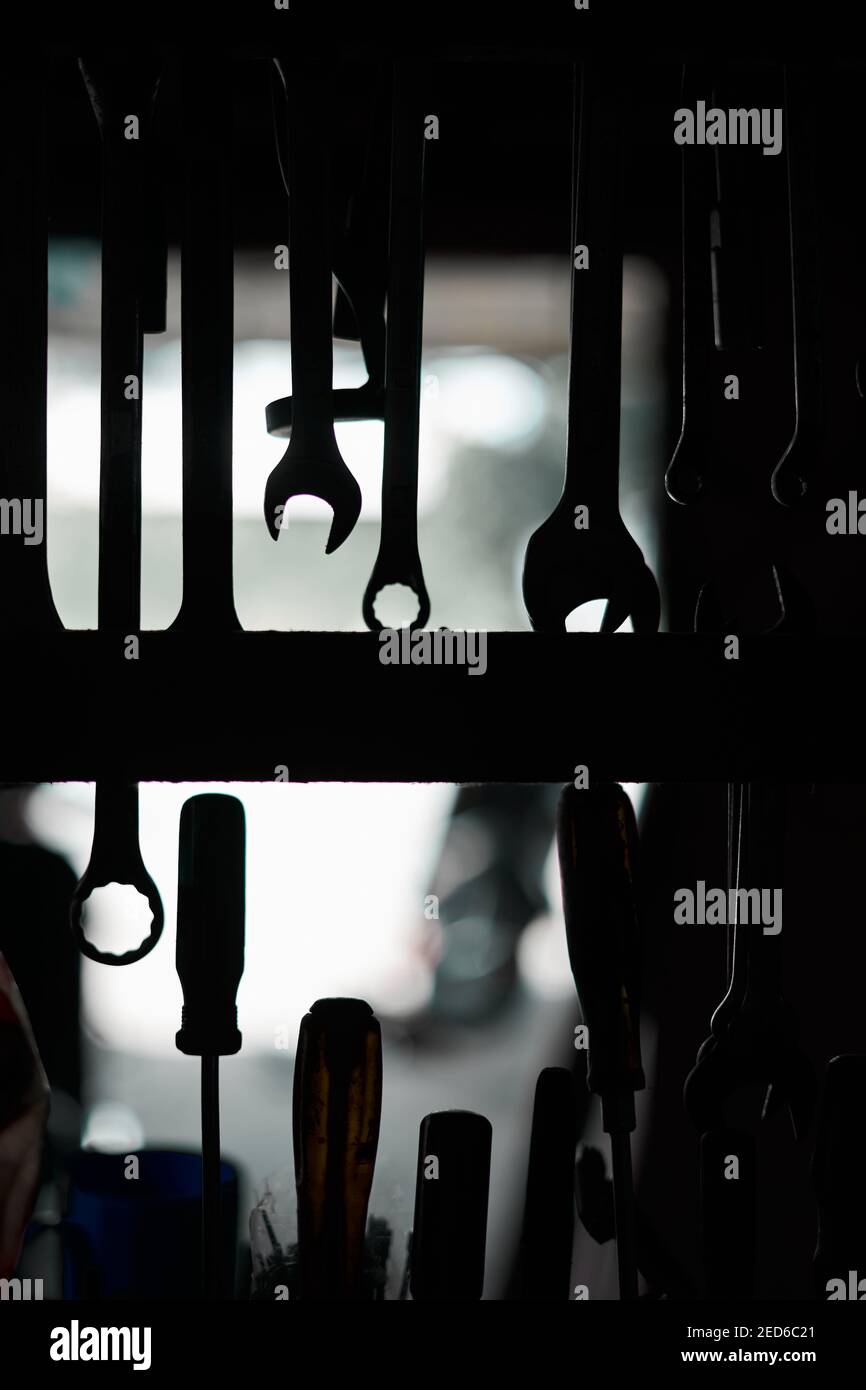 Silhouette of bunch of Tools in workshop car repair service Stock Photo ...