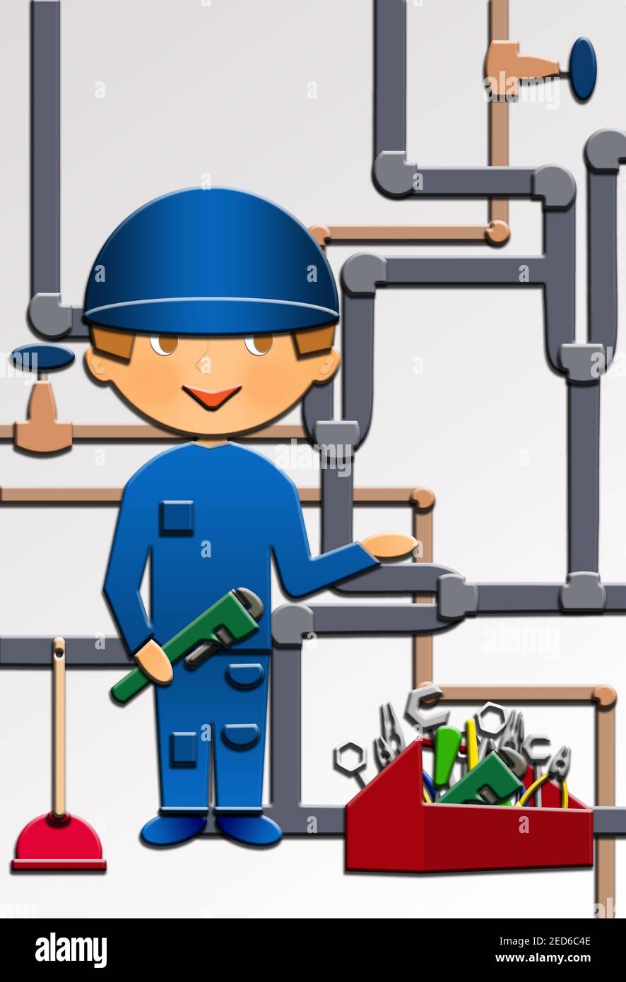 Cartoon of a cute Happy Plumber with some other tools, in a ...