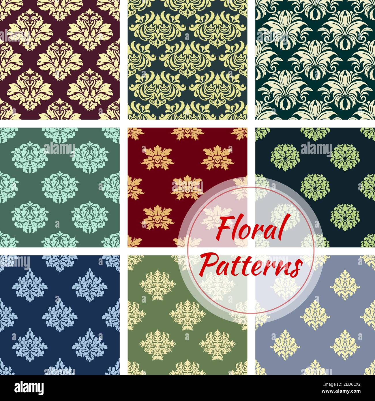 Flowery seamless pattern set of ornate damask or baroque vector floral ...
