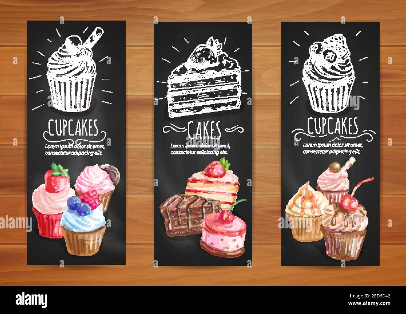 Cake and cupcake menu blackboard banners. Pastry dessert posters with ...