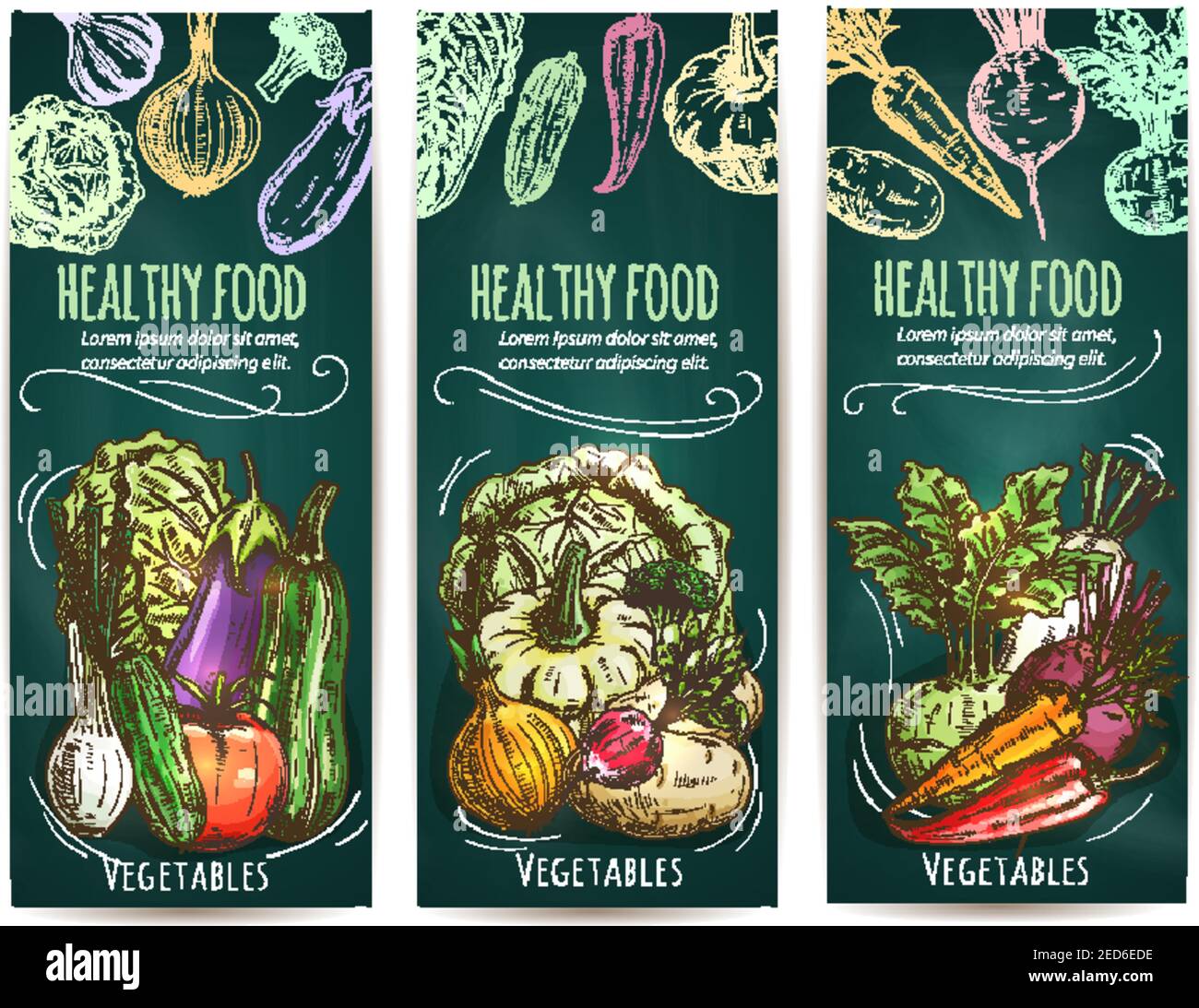 Healthy vegetables and vegetarian food banners on green blackboard ...