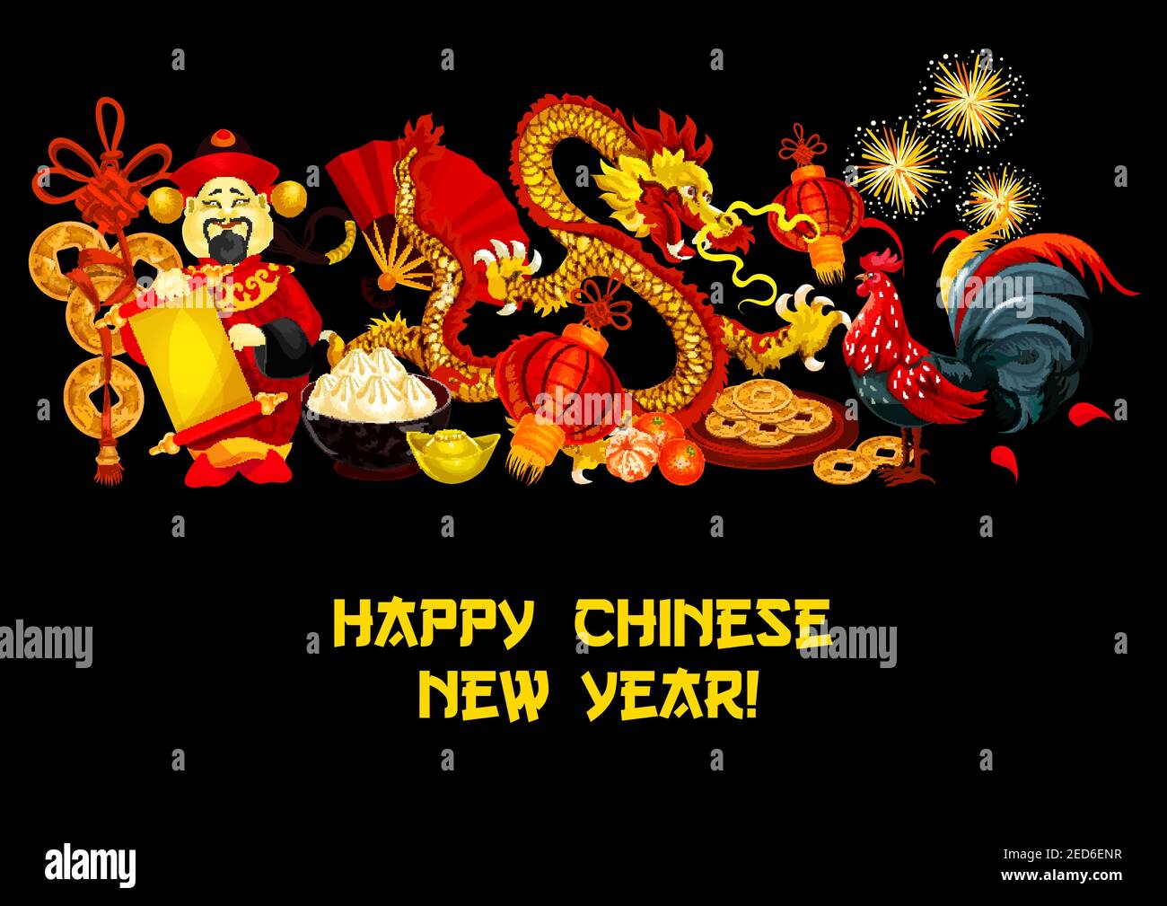 Chinese New Year traditional holiday symbols poster. Red rooster ...