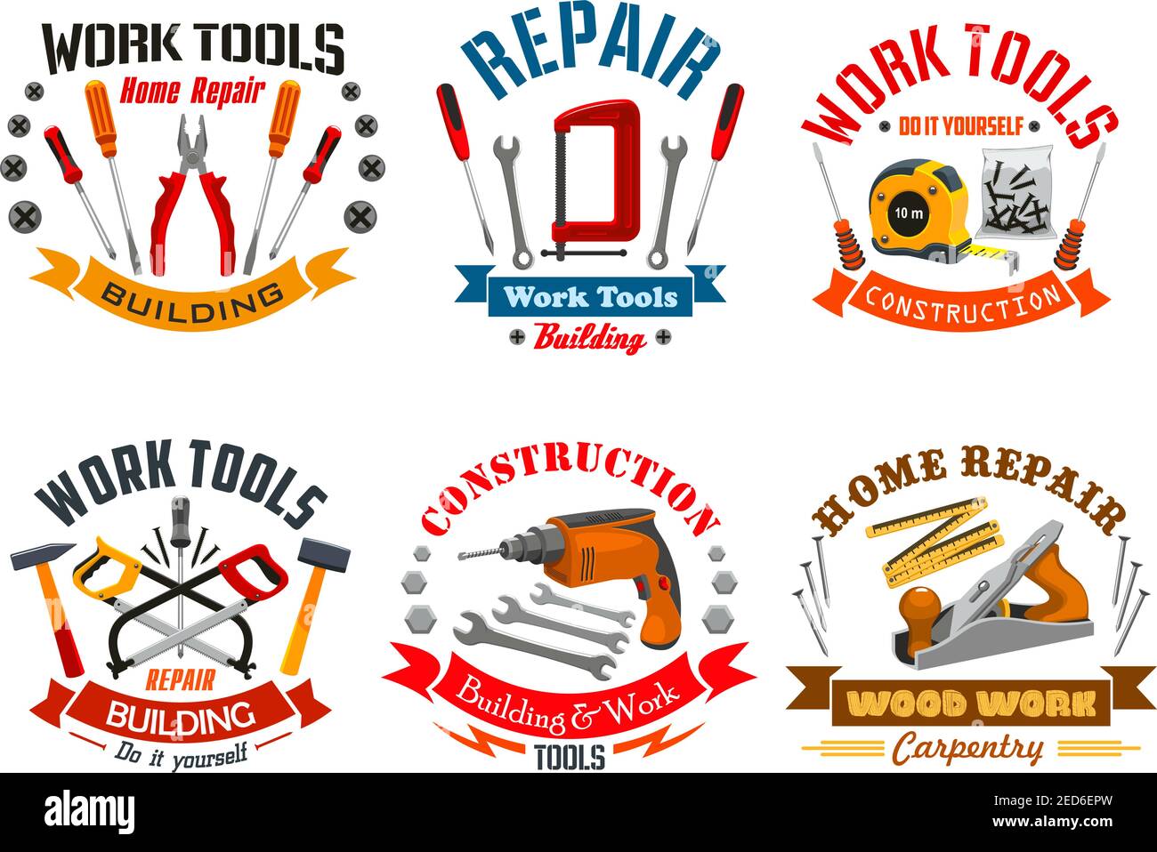 Repair, construction, building, carpentry work tools icons or emblems ...