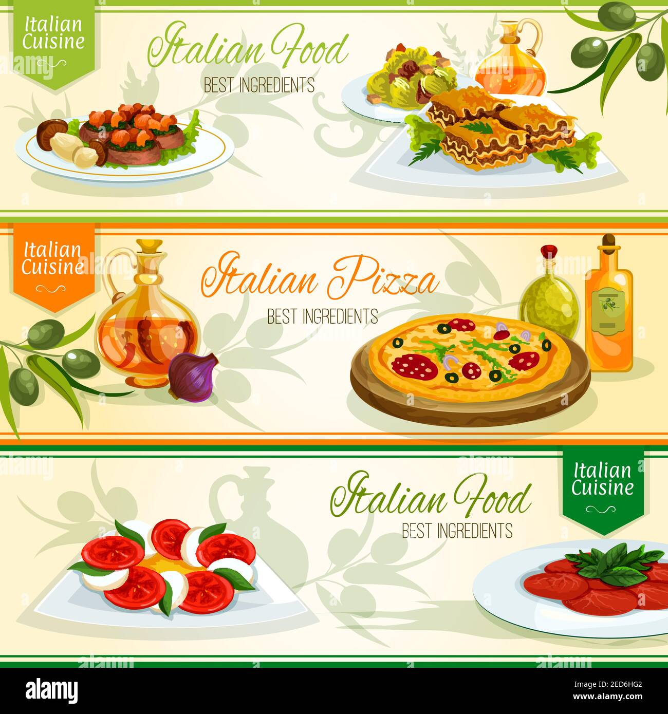 Italian cuisine popular dishes banner set of pizza with cheese, sausage ...