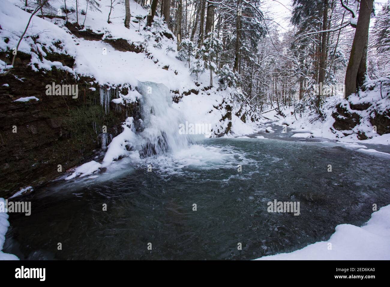 the stream flows in a snowy forest Stock Photo - Alamy